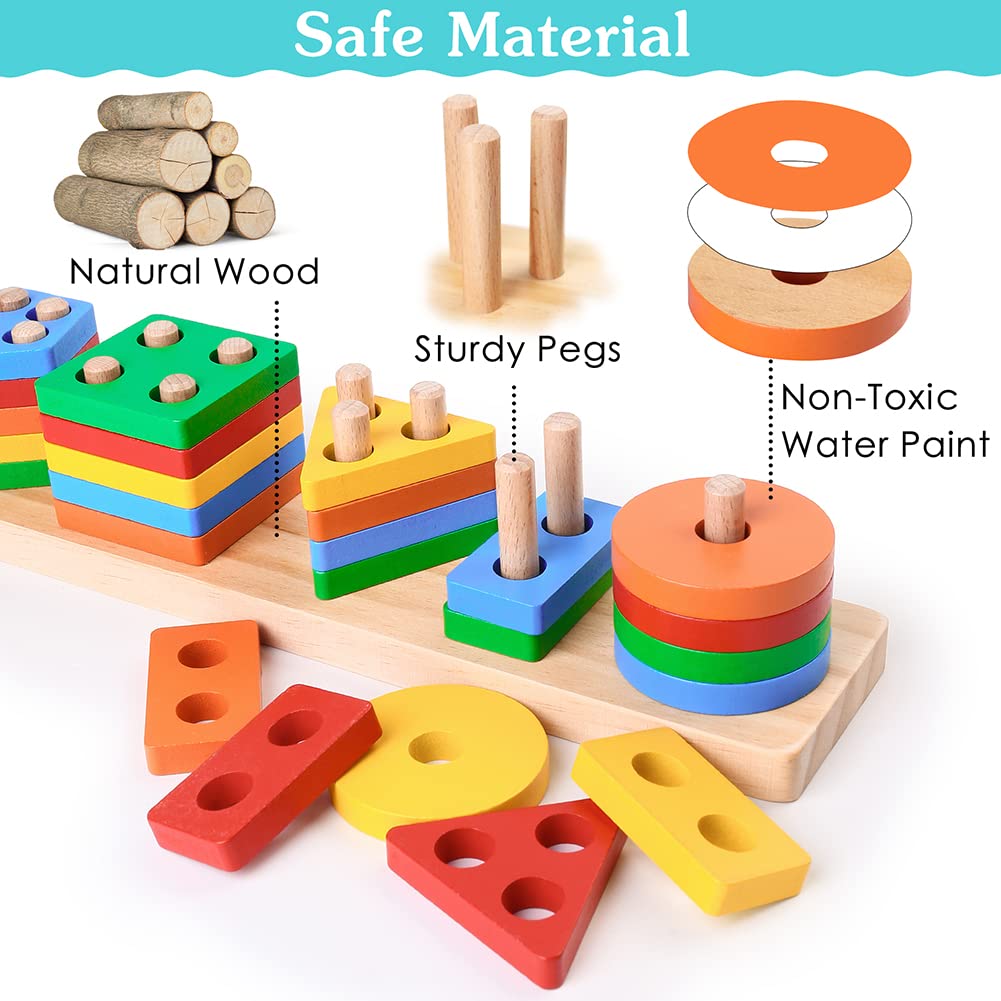 LotFancy Montessori Toys for 1 2 3 Year Old, Wooden Sorting & Stacking Toys, Educational Shape Sorter for Baby Toddlers Preschool Kids