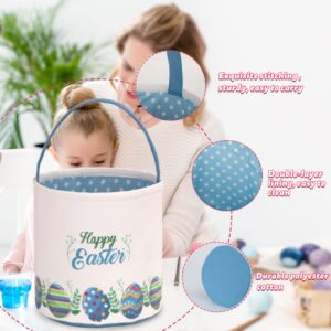 LessMo Easter Bunny Basket Egg Buckets Gifts Tote Bags, Canvas Cotton Blue Cute Personalized Egg Hunt Basket Stuffers for Easter Party