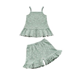 coorally toddler baby girl floral ruffled outfits set strap crop tops+ shorts pants summer clothes set (a-green, 2-3t)