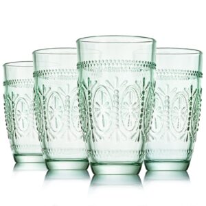 creativeland colored vintage drinking glasses set of 4, 15.5 oz romantic embossed water glasses, colored tumblers tempered glass for juice, beverages, beer, cocktail (green)