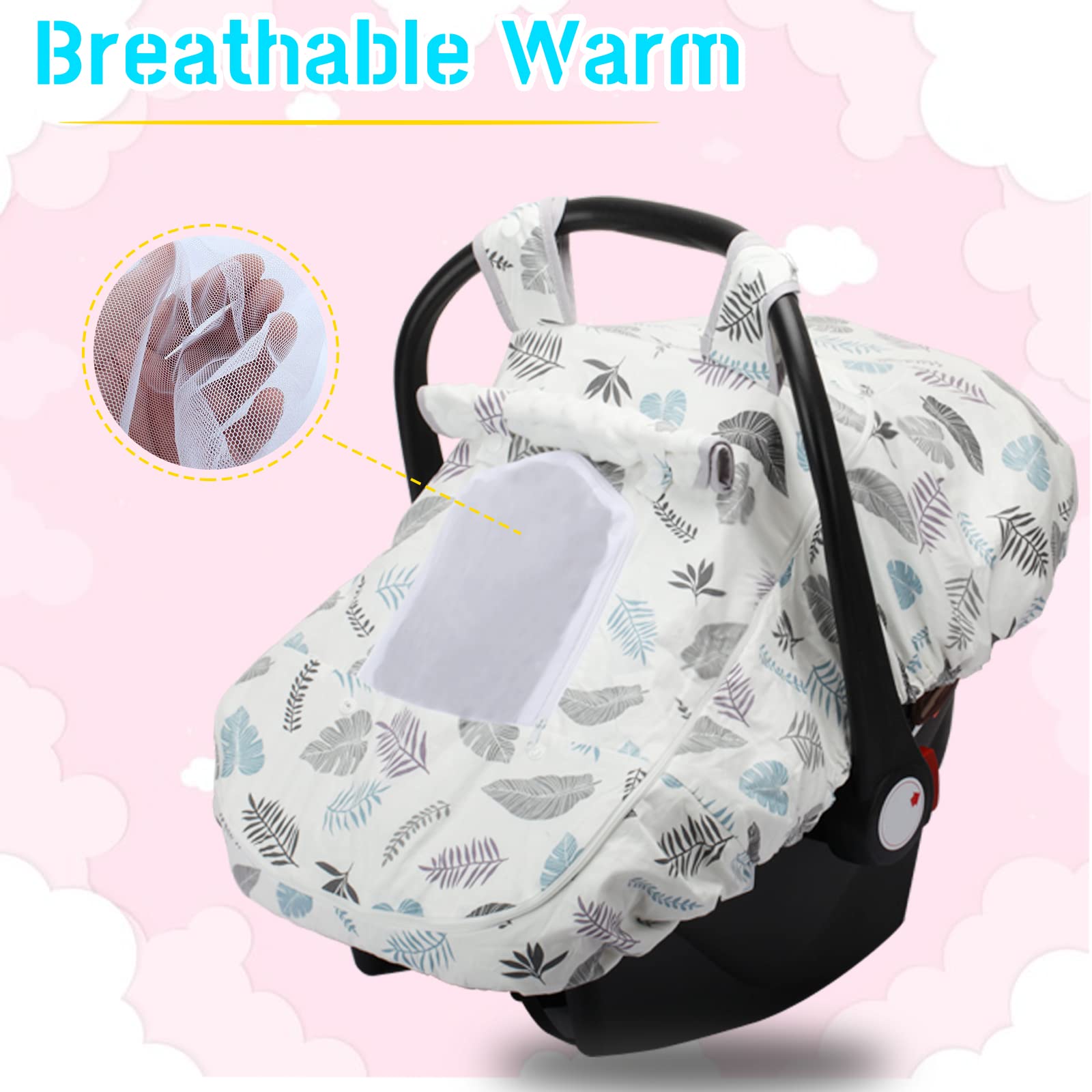 Baby Car Seat Canopy, Breathable Car Seat Covers for Boys Girls with 3D Minky, Thick Infant Car Canopy for Spring Summer Autumn Winter, Kick-Proof Universal Fit, Snug Warm (Leaf)