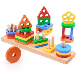 lotfancy montessori toys for 1 2 3 year old, wooden sorting & stacking toys, educational shape sorter for baby toddlers preschool kids