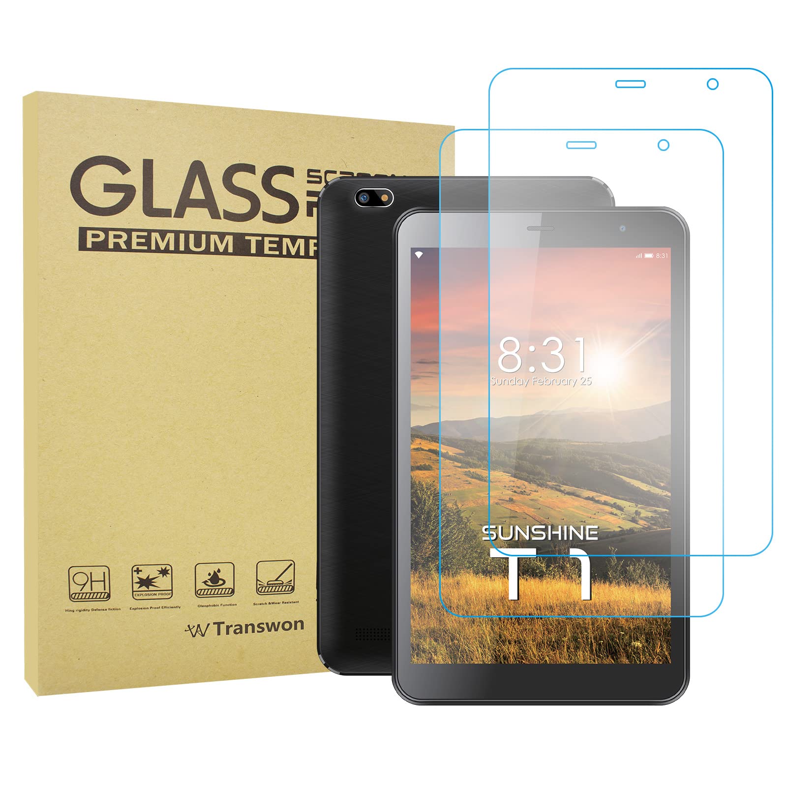 Transwon 2-Pack Screen Protector for Sunshine T1 Tablet/Sunshine T1 Elite Tablet, Sunshine T1 Tablet Screen Protector 8 Inch, Could Mobile Sunshine T1 Tablet Screen Protector