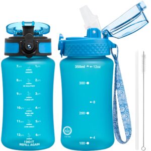 oldley kids water bottle for school, 12 oz (2 lids) bpa-free reusable leak-proof durable tritan plastic water bottles with straw & chug lids, anti-dust spout cover (blue)