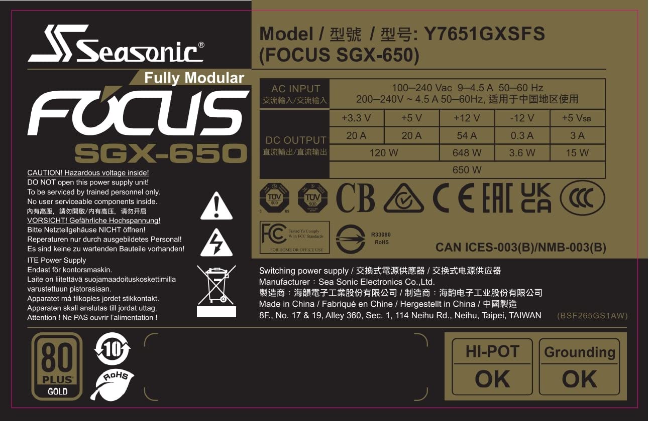 Seasonic Focus SGX-650 | 650W | 80+ Gold | Full-Modular | SFX Form Factor | Low Noise | Premium Japanese Capacitor | 10 Year Warranty | Nvidia RTX 30/40 Super & AMD GPU Compatible (Ref. SSR-650SGX)