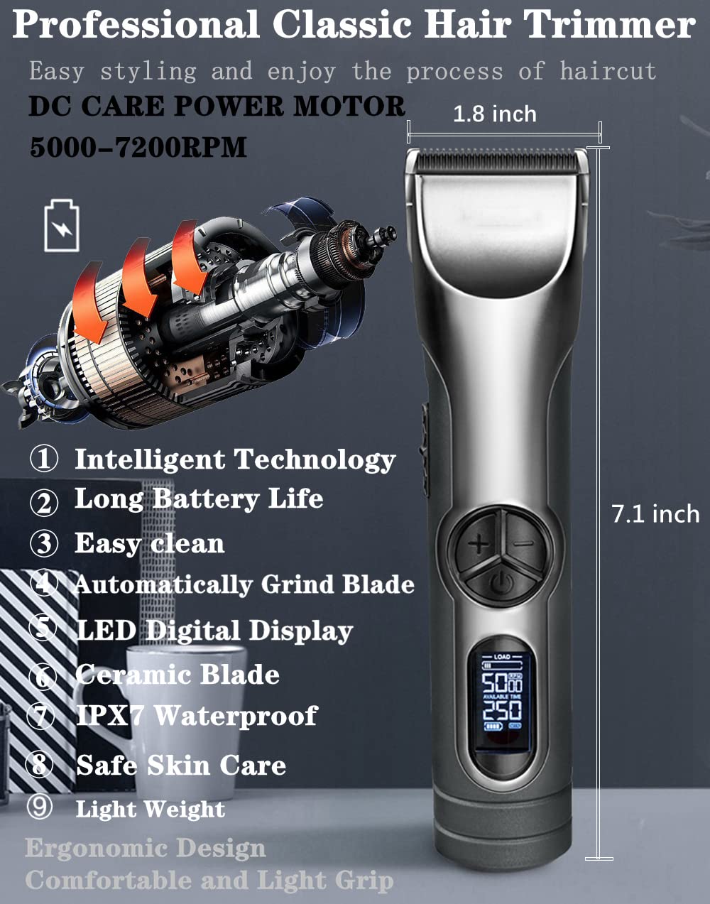 Professional Hair Hair Clippers for Men,T-Blade Zero Gapped Cordless Hair Trimmer Edger Clipper for Hair Cutting Rechargeable Hair Liners Electric Beard Trimmer Shaver With LED Display (sliver)