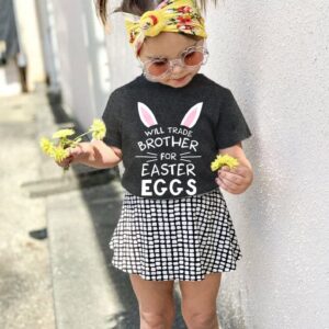 Baby Easter Shirt Trade Brother Sister for Easter Eggs Tshirt Toddler Bunny Short Sleeve Cotton Tops Grey