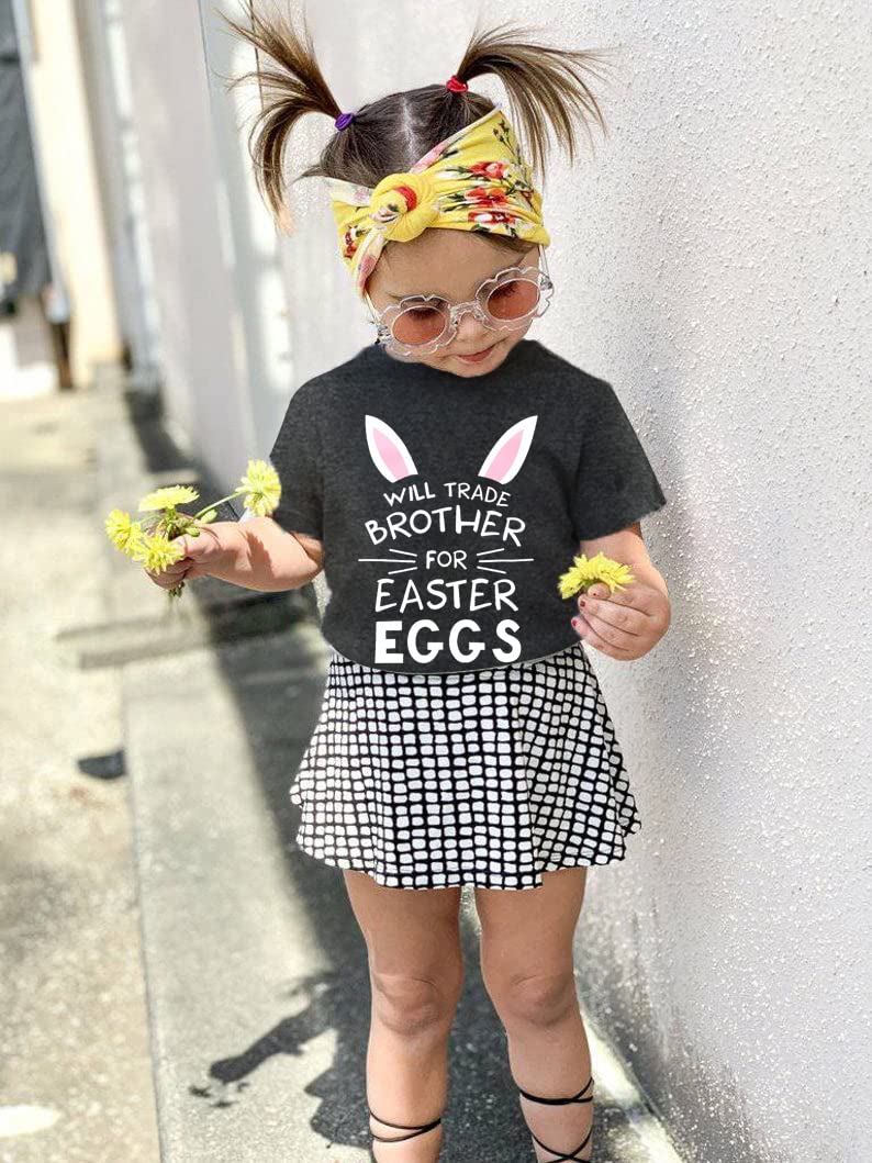 Baby Easter Shirt Trade Brother Sister for Easter Eggs Tshirt Toddler Bunny Short Sleeve Cotton Tops Grey