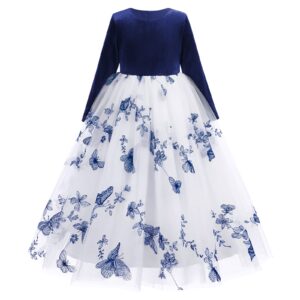 kids vintage toddler baby velvet winter fall maxi dresses flower embroidery 3/4 sleeve princess lace tutu long sleeve tunic party dance gown for girl photo shoot butterfly-navy 9-10 years