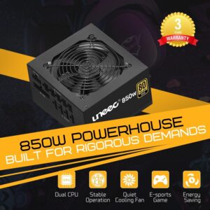 Uneec 850 Watt Power Supply 80 Plus Gold Fully Modular PC ATX Computer PSU 850W with UL CE Quality Standards, Quiet Cooling Fan, Supports Gaming STI Crossfire Game, Dual CPU, Active PFC Auto Adapter