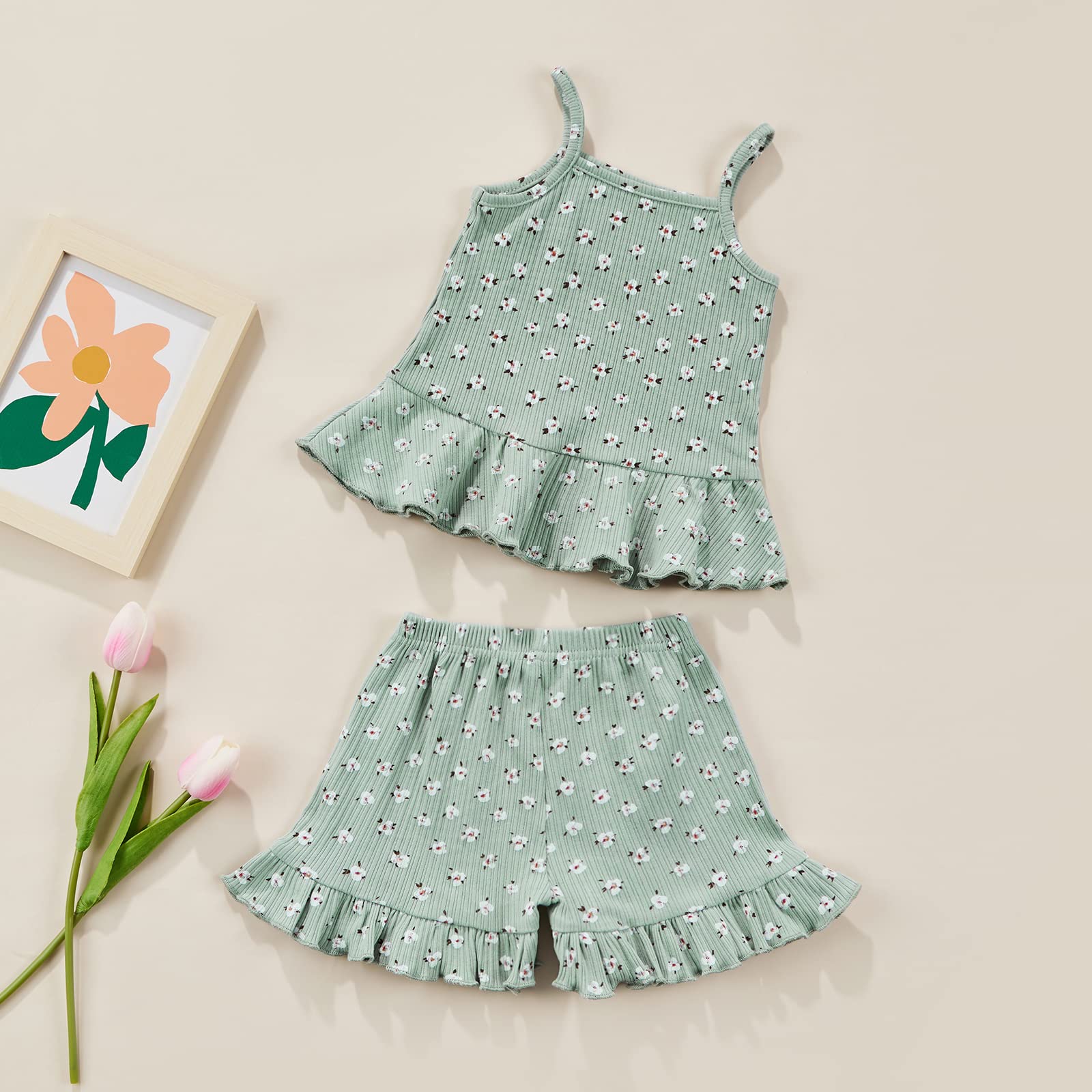 COORALLY Toddler Baby Girl Floral Ruffled Outfits Set Strap Crop Tops+ Shorts Pants Summer Clothes Set (A-Green, 2-3T)