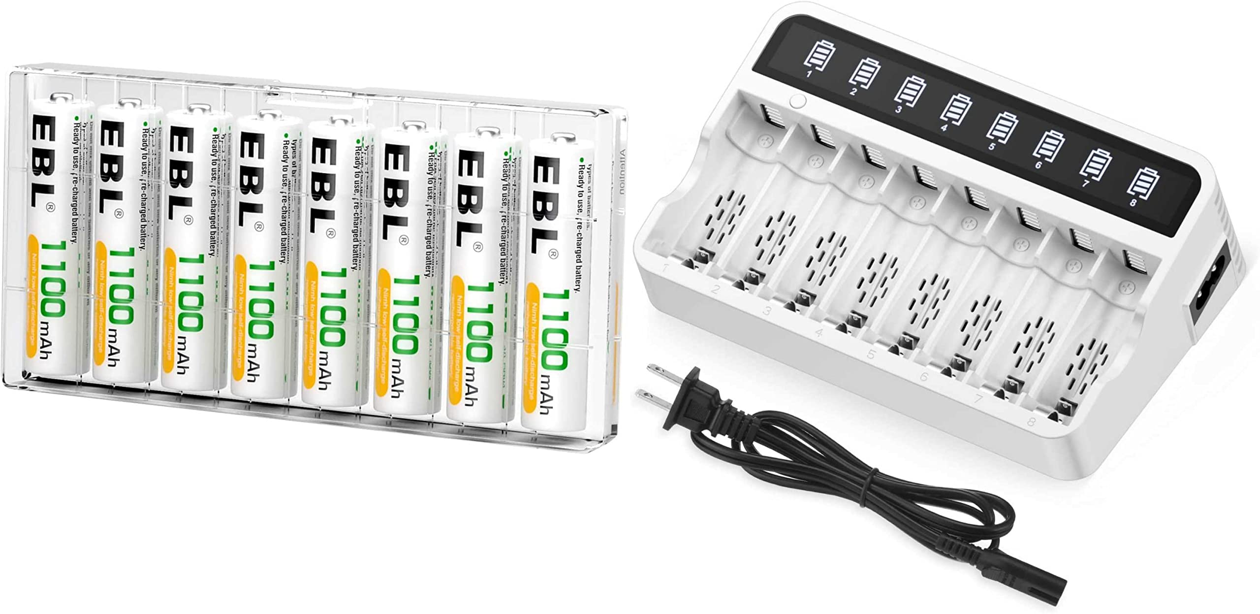 EBL 8 Counts AAA Batteries 1100mAh 1.2V High Performance Ni-MH AA Rechargeable Battery & 8 Bay Individual Battery Charger with Discharge Function