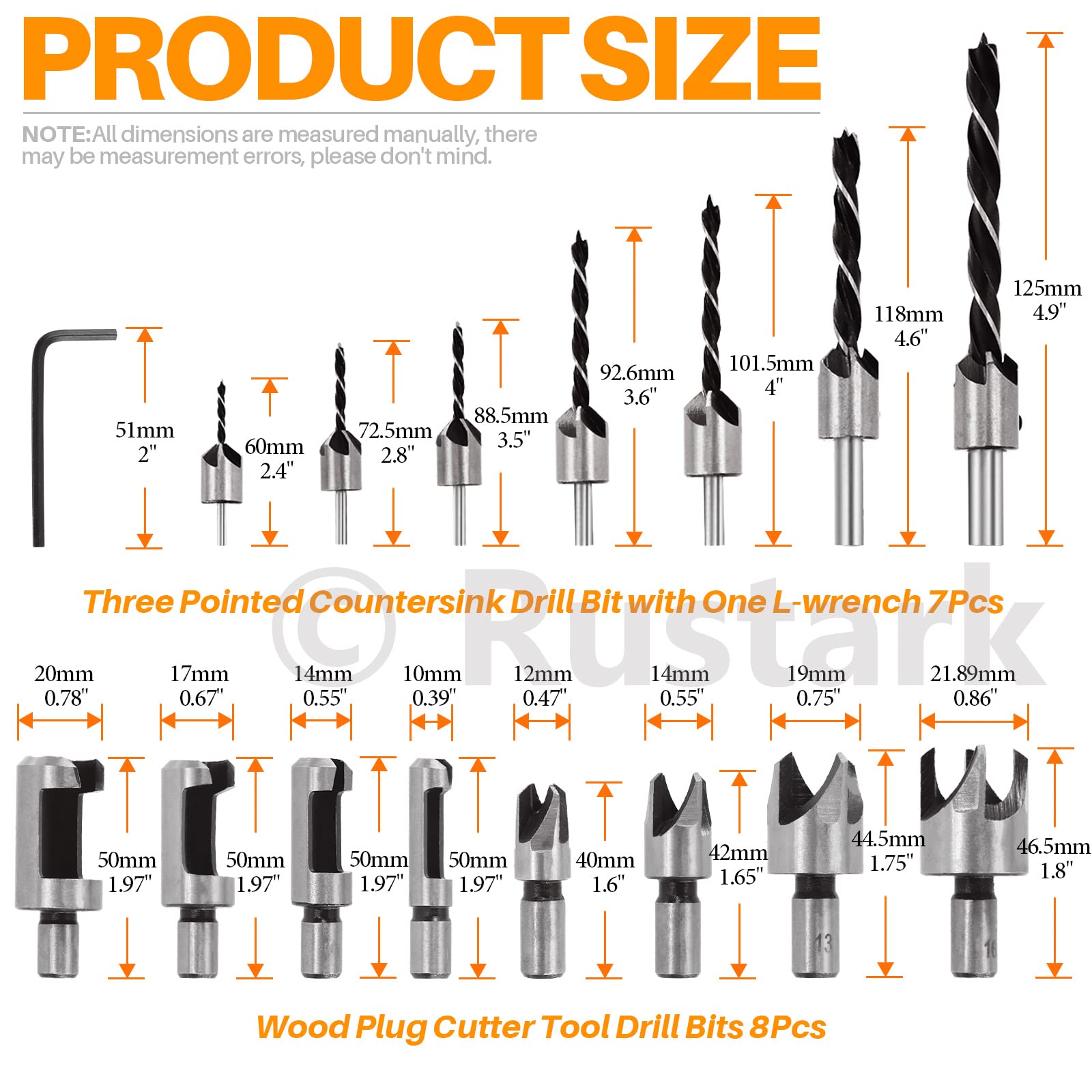 Rustark 26Pcs Woodworking Drill Bit Tool Set with High Speed Steel Three Pointed Countersink Drill Bits Wood Plug Cutter Automatic Center Hole Punch for Woodworking Drilling Countersinking