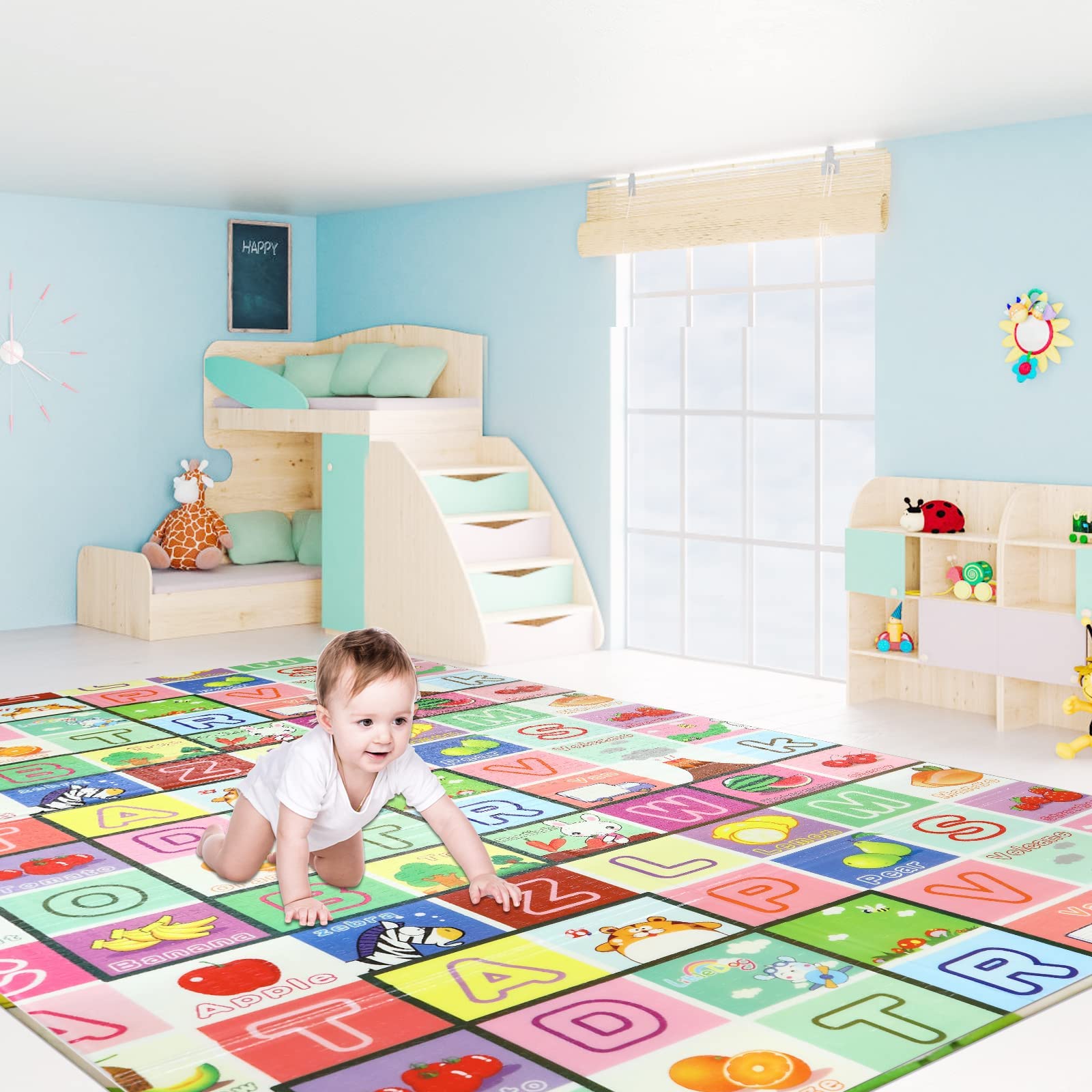 Baby Play Mat Playmat Baby Mat Baby Folding Mat Extra Large Play Mat XPE Foam Crawl Mat Reversible Waterproof Portable Double Sides Kids Toddler Outdoor Indoor Use Non Toxic Colorful 79" x 60"