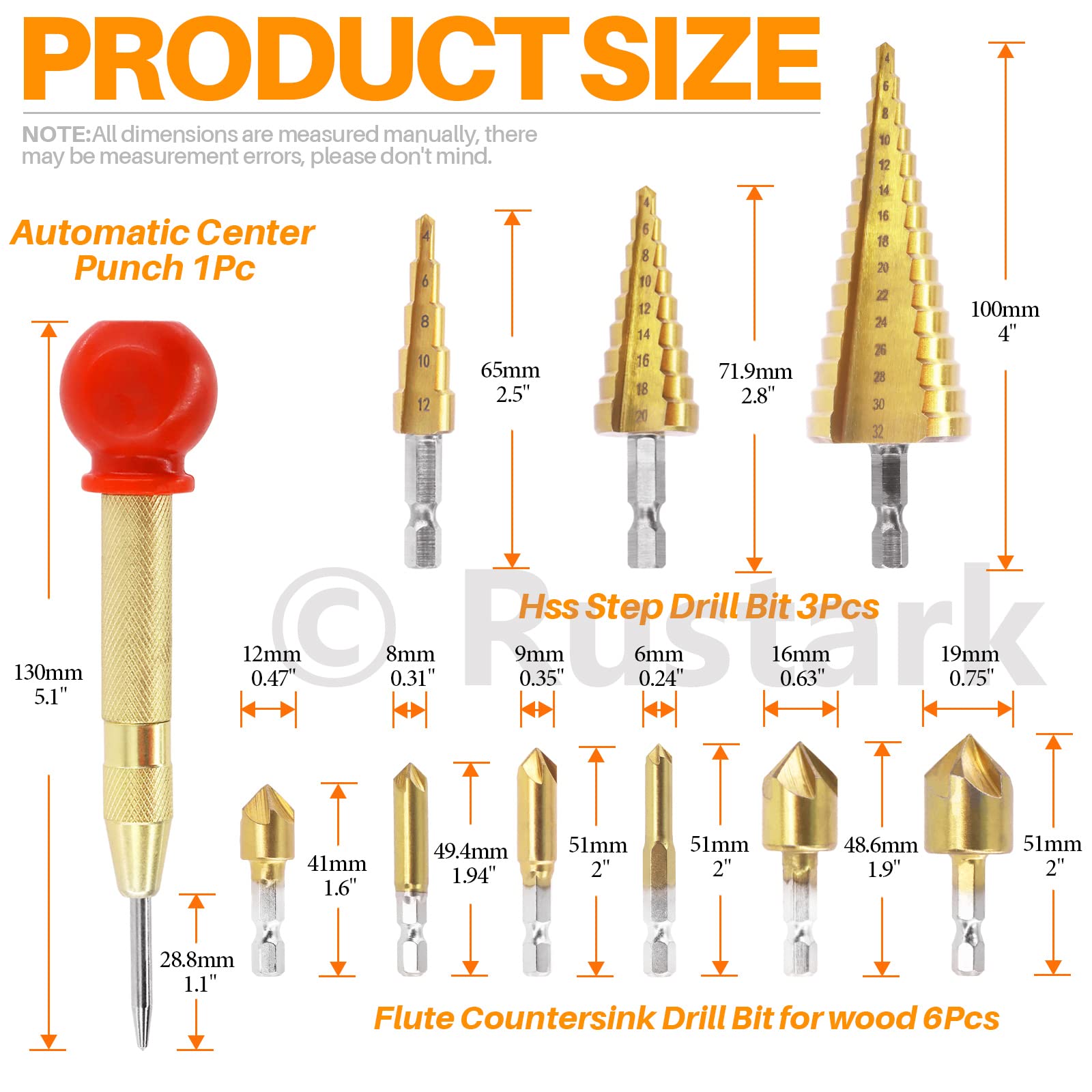 Rustark 26Pcs Woodworking Drill Bit Tool Set with High Speed Steel Three Pointed Countersink Drill Bits Wood Plug Cutter Automatic Center Hole Punch for Woodworking Drilling Countersinking