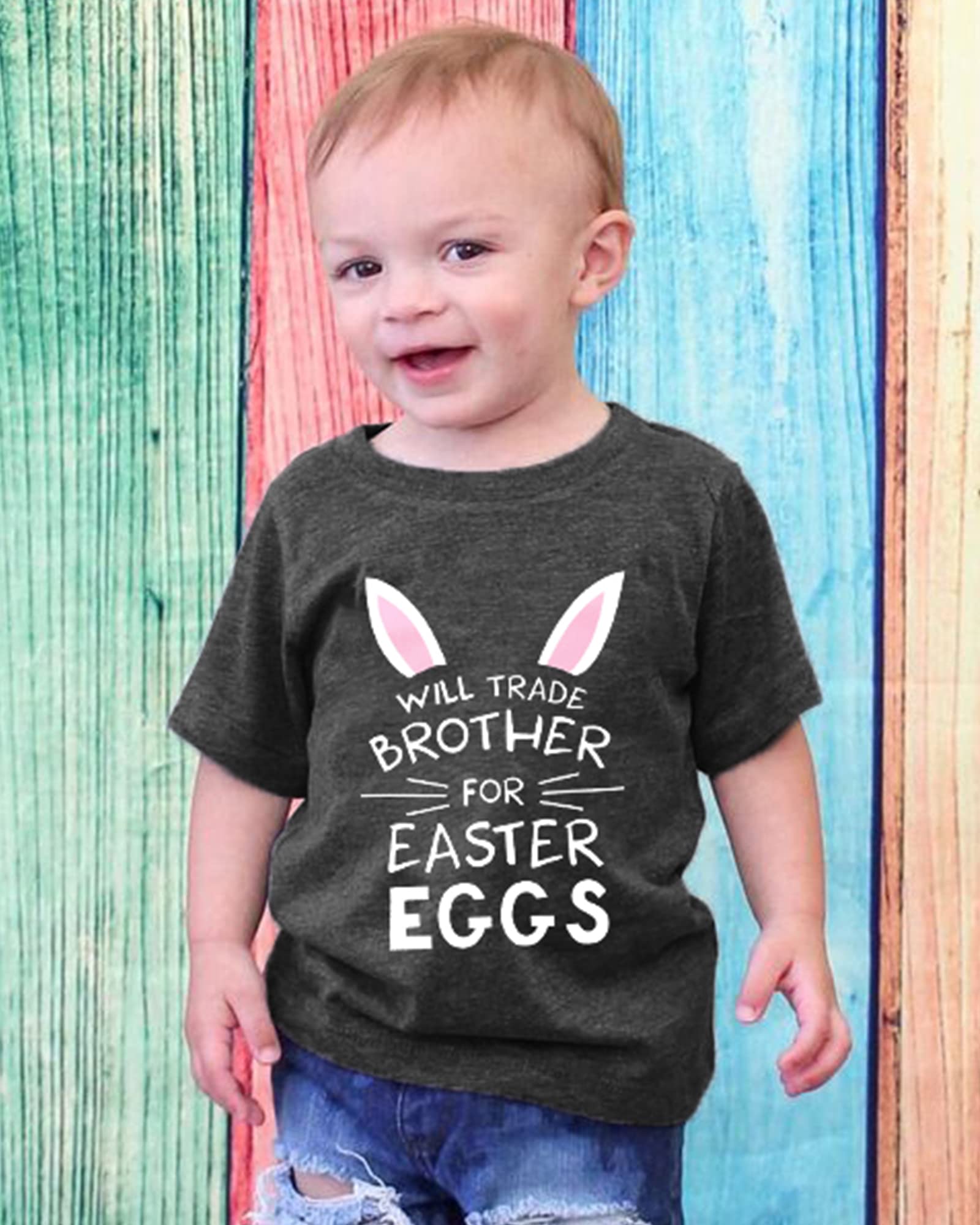 Baby Easter Shirt Trade Brother Sister for Easter Eggs Tshirt Toddler Bunny Short Sleeve Cotton Tops Grey