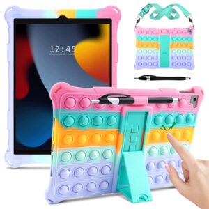 detuosi silicone case compatible with ipad 9th generation 2021/ 8th generation 2020/ 7th generation 2019, with shoulder strap & stylus pen, soft lightweight multi-angle stand cover, dazzling pink