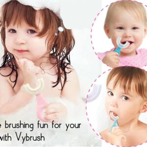 Vybrush U Shaped Toothbrush Kids 2-6 Whole Mouth Infant Toothbrush with 360° Food Grade Silicone Head and a Shampoo Toddler Brush Massager in Cool Pink & Blue Heart Styles in a Giftable Pack