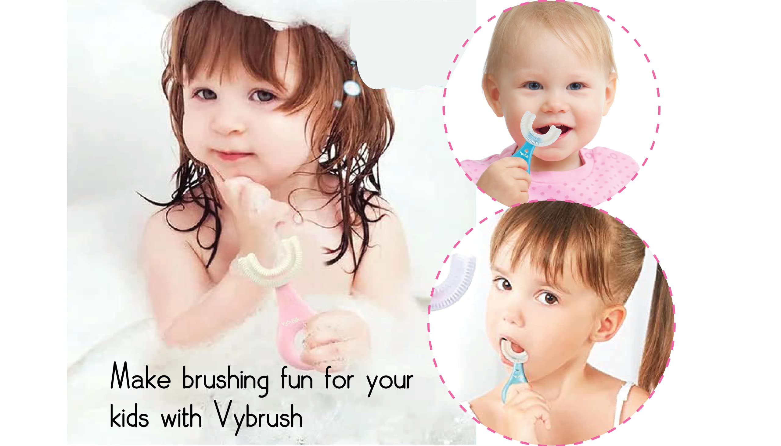 Vybrush U Shaped Toothbrush Kids 2-6 Whole Mouth Infant Toothbrush with 360° Food Grade Silicone Head and a Shampoo Toddler Brush Massager in Cool Pink & Blue Heart Styles in a Giftable Pack