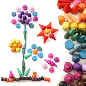 promise babe 81 pcs loose parts play materials wooden rainbow stacking toy for toddlers, preschool learning educational shape sorting sensory play montessori toys with 7 shapes, 27 colors