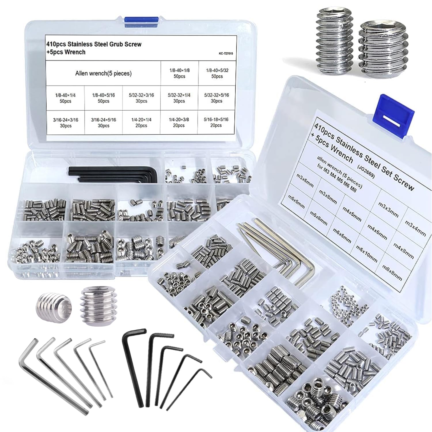 EilxMag 830pcs Set Screw Assortment Kit, Standard SAE + Metric Allen Head Socket Hex Grub Set Screws, Stainless Steel Set Screws for Bathroom Fixtures, Door Handles (M3-M8, 1/8"-40 to 5/16"-18)