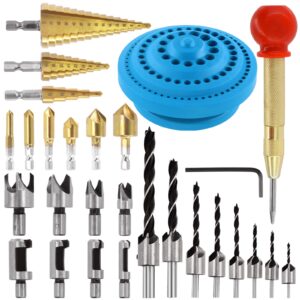 rustark 26pcs woodworking drill bit tool set with high speed steel three pointed countersink drill bits wood plug cutter automatic center hole punch for woodworking drilling countersinking