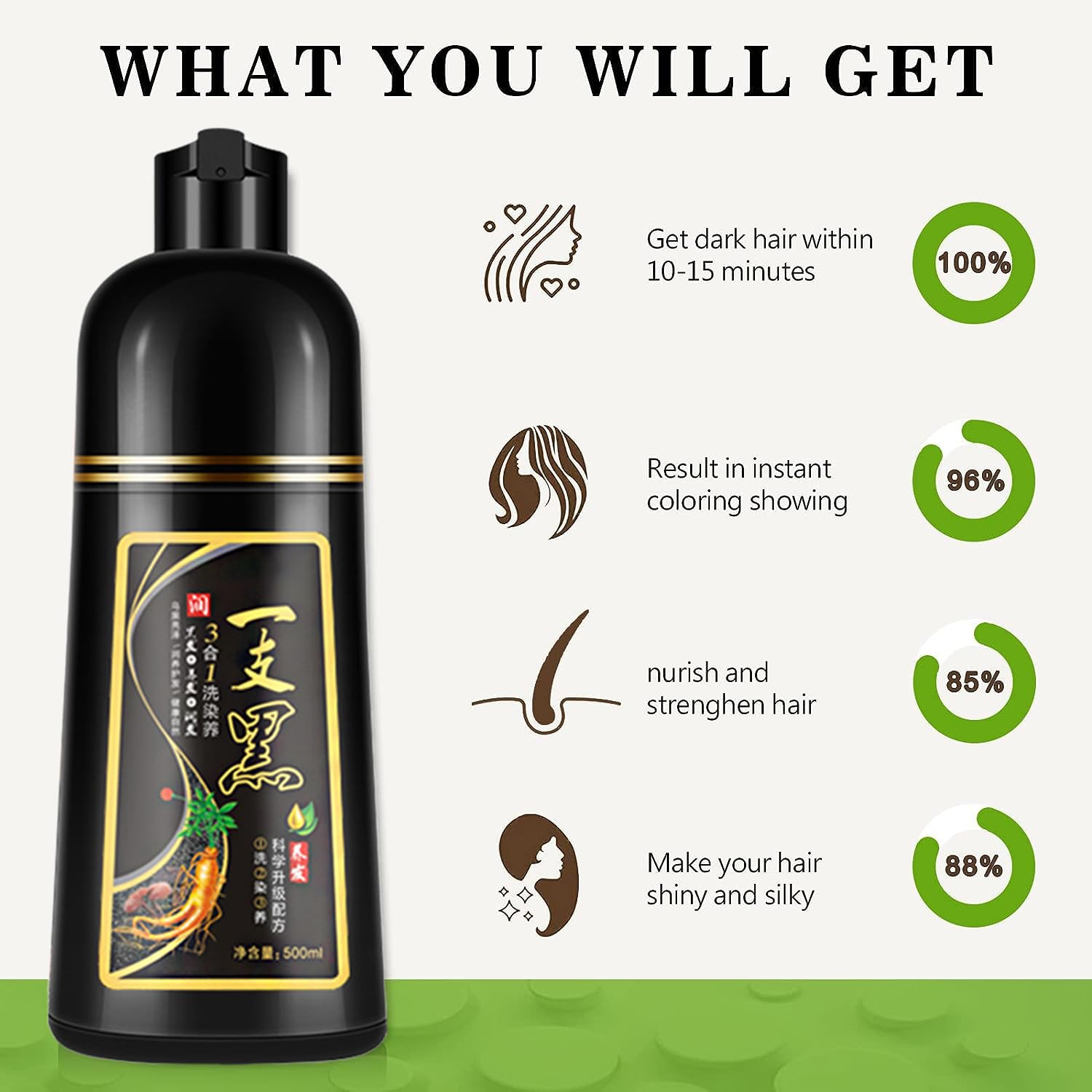 Instant Black Hair Shampoo Contained Natural Herb Ingredients 3 in 1 Hair Black Dye Shampoo, Good Choice for Gray Hair Coverage ,For Men Women White Hair, 500ML per Bottle, 16.9 Fl Oz (Pack of 1)