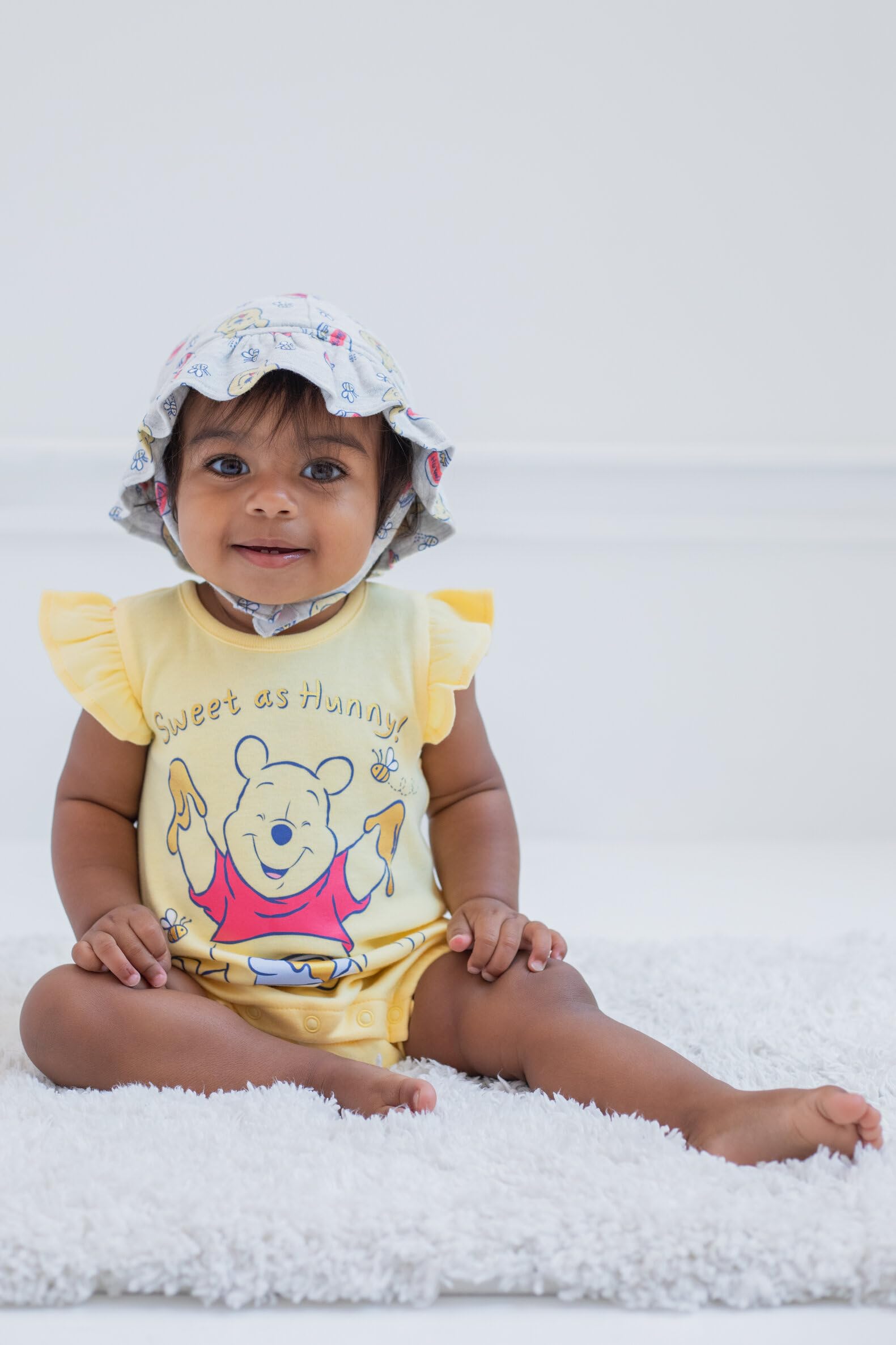 Disney Winnie the Pooh Newborn Baby Girls Snap Romper and Bucket Sun Hat Yellow 3-6 Months