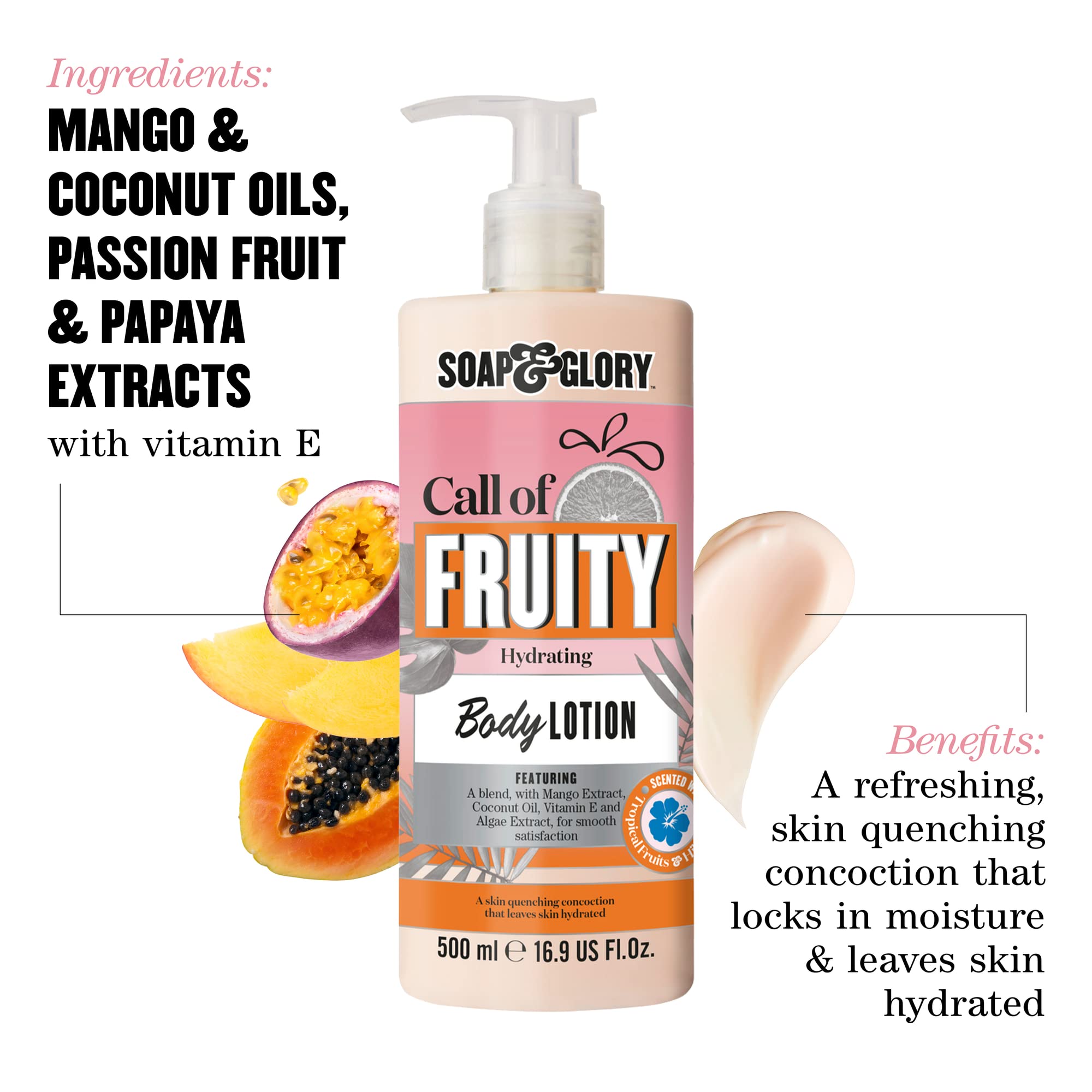 Soap & Glory Call of Fruity Body Lotion - Moisturizing Body Lotion with Vitamin E, Coconut Oil & Aloe Extracts - Tropical Fruits, Juicy Melon & Hibiscus Cocoa Butter for Dehydrated Skin (500ml)