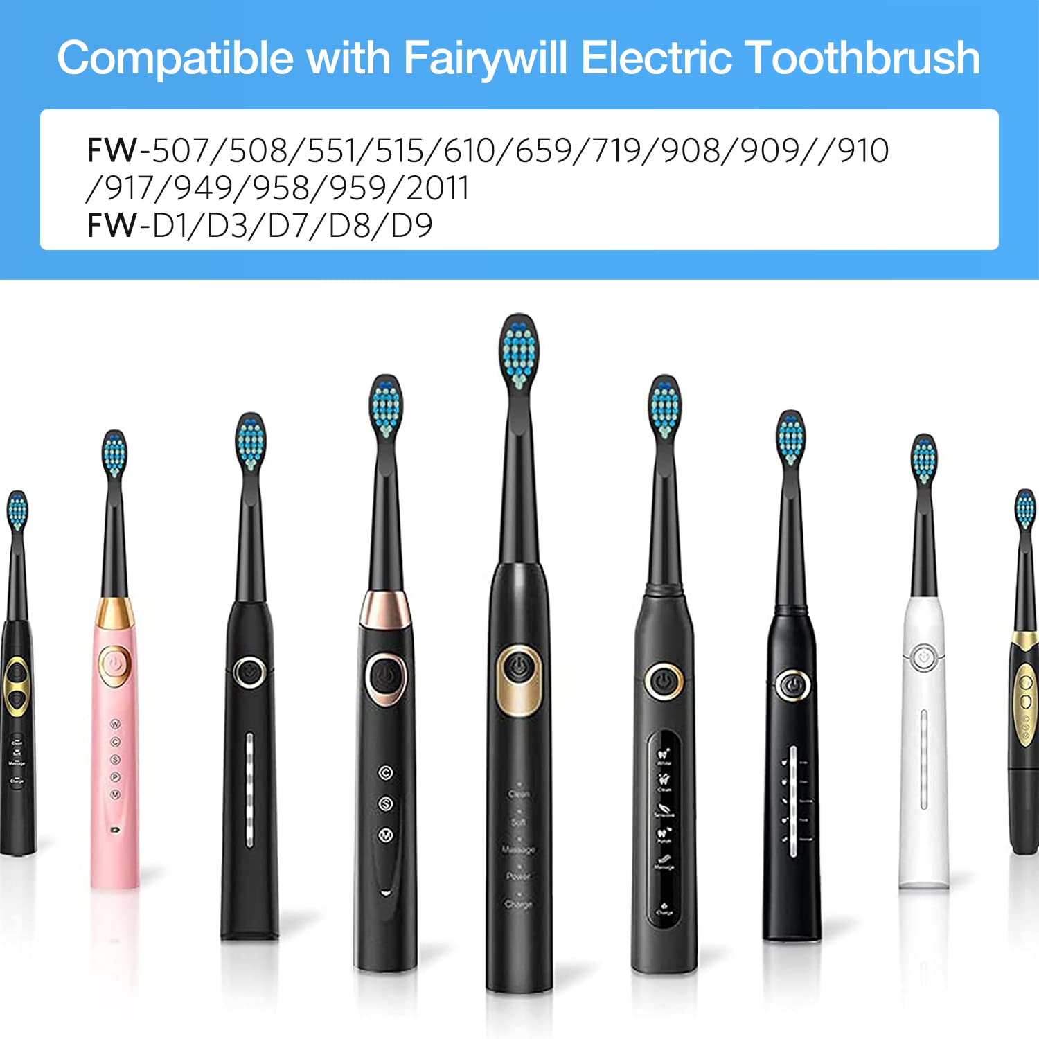 Electric Toothbrush Replacement Head for Fairywill Toothbrush Heads,for Fairywell Brush FW-D1/FW-D3/FW-D7/FW-D8/Fairy Will-507/508/551/FW908/FW910/917/949/958/959/FW610/FW659/FW719,6 Pack,Black