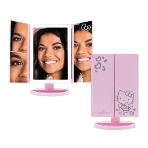 impressions makeup vanity hello kitty, trifold with led lights tri-tone mirror with touch sensor and three adjustable panels, handheld magnifying mirror (pink)