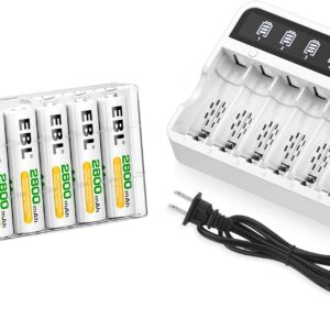 EBL 8 Counts AA Batteries 2800mAh 1.2V High Performance Ni-MH AA Rechargeable Battery & 8 Bay Individual Battery Charger with Discharge Function