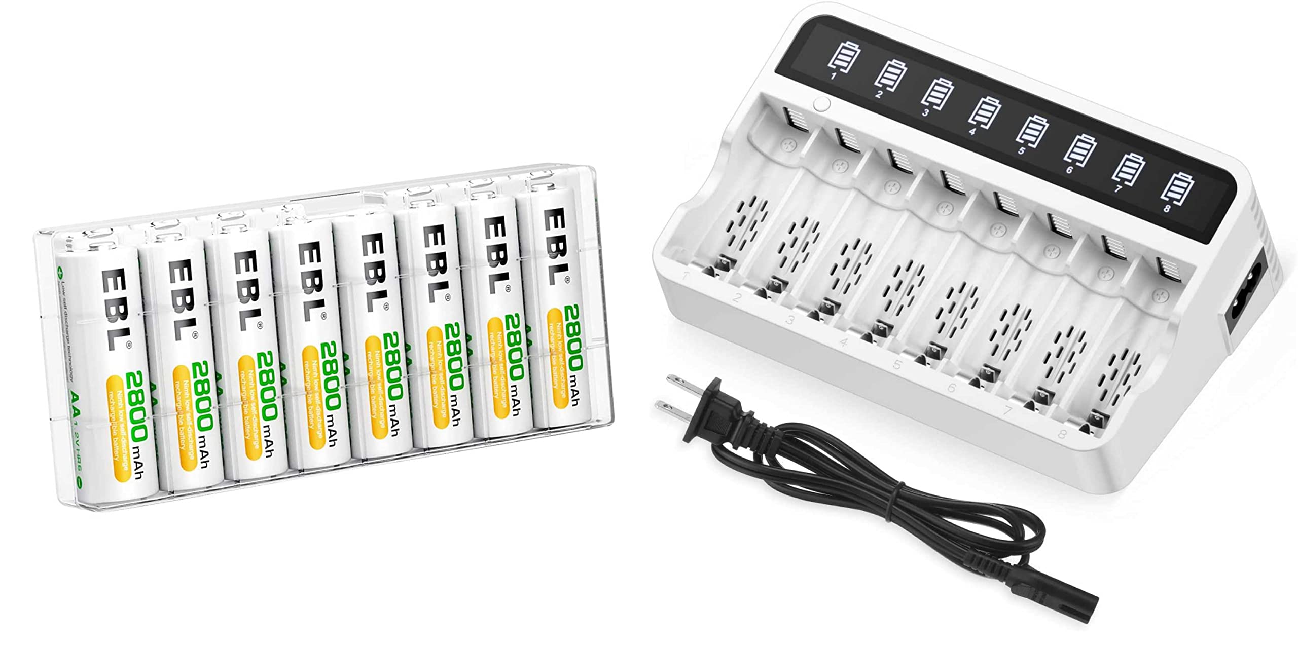 EBL 8 Counts AA Batteries 2800mAh 1.2V High Performance Ni-MH AA Rechargeable Battery & 8 Bay Individual Battery Charger with Discharge Function