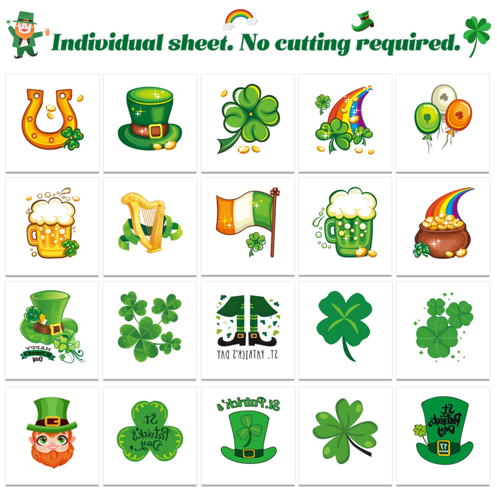 St. Patrick's Day Temporary Tattoo 20 Pack Big Shamrock Tattoos St. Patrick's Day Accessories Kids Party Favors Saint Patrick's Day Temporary Tattoos for Kids Adults