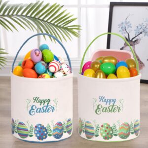 LessMo Easter Bunny Basket Egg Buckets Gifts Tote Bags, Canvas Cotton Blue Cute Personalized Egg Hunt Basket Stuffers for Easter Party