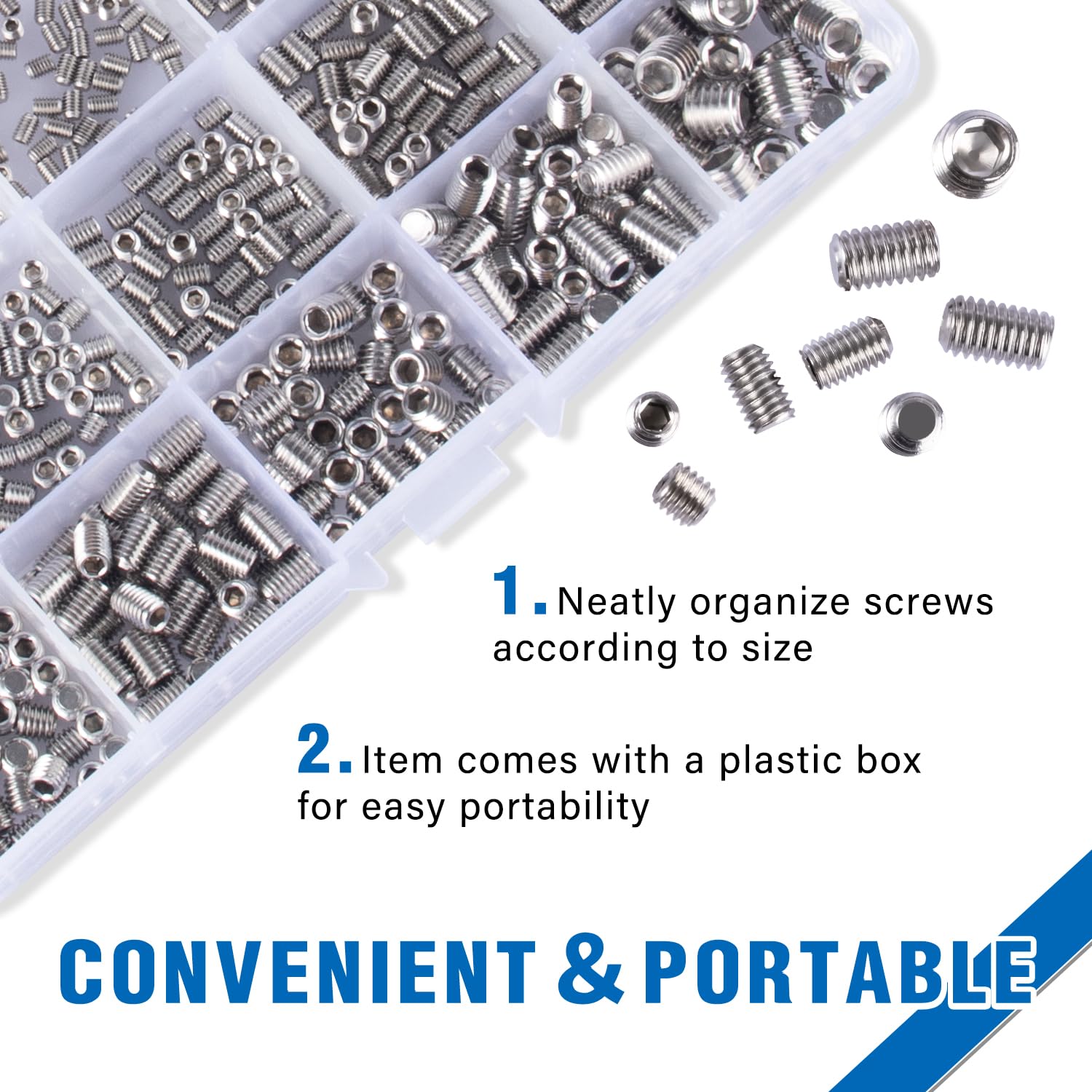 EilxMag 830pcs Set Screw Assortment Kit, Standard SAE + Metric Allen Head Socket Hex Grub Set Screws, Stainless Steel Set Screws for Bathroom Fixtures, Door Handles (M3-M8, 1/8"-40 to 5/16"-18)