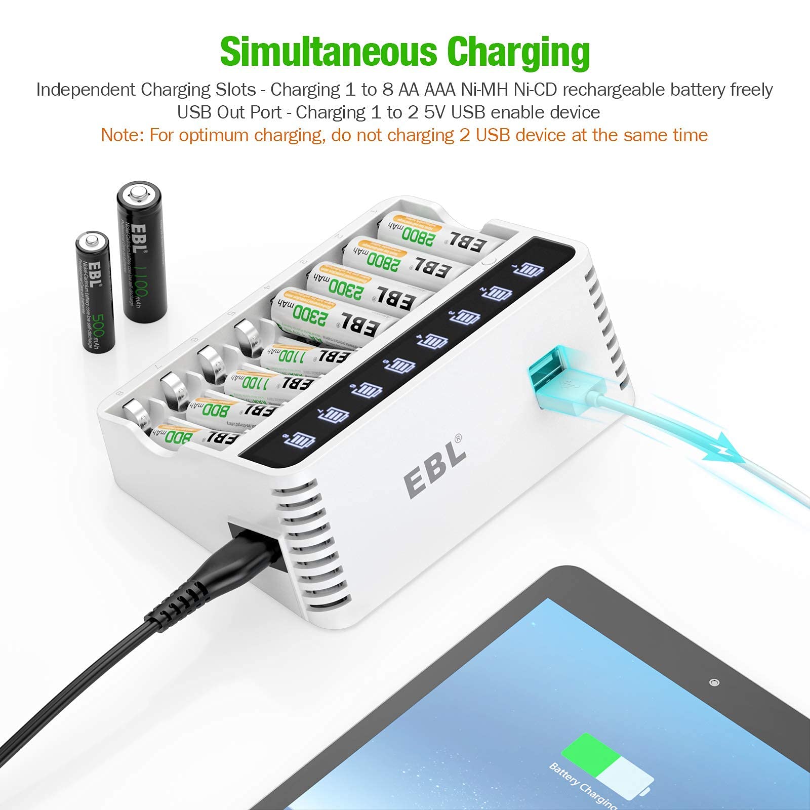 EBL 8 Counts AA Batteries 2800mAh 1.2V High Performance Ni-MH AA Rechargeable Battery & 8 Bay Individual Battery Charger with Discharge Function