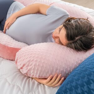 QUEEN ROSE E Shaped Pregnancy Pillows for Sleeping, Detachable Body Pillow for Pregnant Side Sleeper, Pink Bubble Velvet, 60in