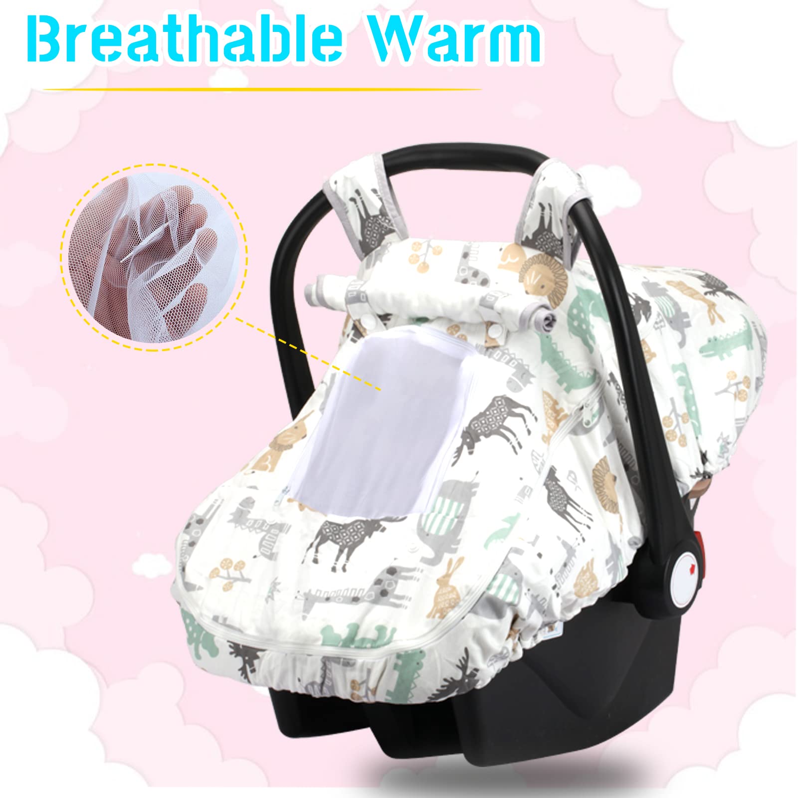 Baby Car Seat Canopy, Breathable Car Seat Covers for Boys Girls with 3D Minky, Thick Infant Car Canopy for Spring Summer Autumn Winter, Kick-Proof Universal Fit, Snug Warm (Animal B)