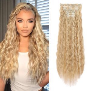 yogfit clip in long wavy synthetic hair extension 24 inch 6pcs balayage blonde with light blonde tips thick hairpieces natural soft synthetic fiber double weft for women