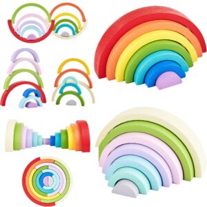 lanttoe 2 pack wooden rainbow stacking toys nesting puzzle blocks-rainbow learning toy set board early development rainbow stacker for kids baby toddlers(rainbow+macaron)