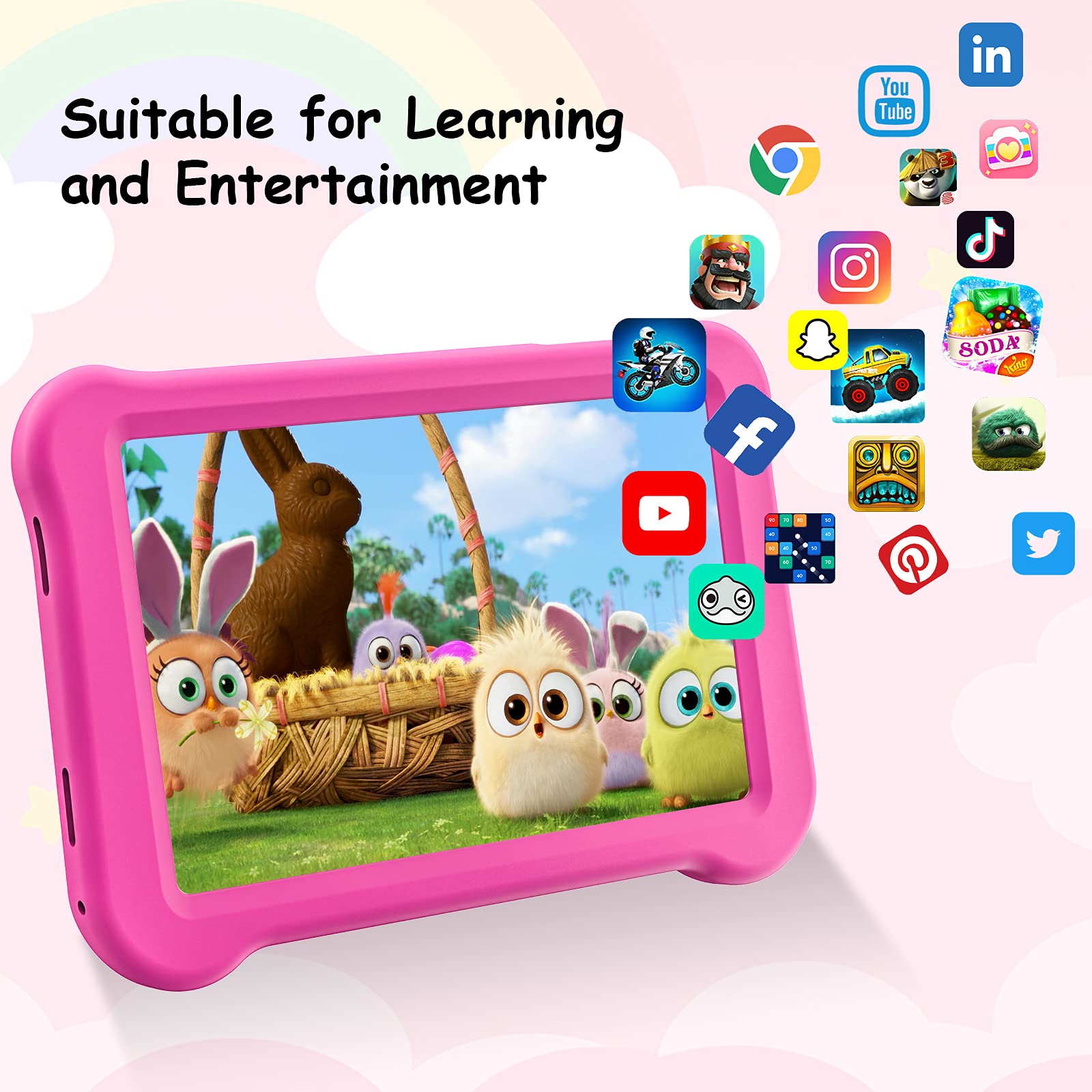 Tablet for Kids, 2GB RAM, 32GB Storage,7 Inch IPS Display, Android 10 Kids Tablet, Parental Control, Tablet with Kids-Proof Case, Pink