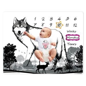 ohtmtho baby monthly milestone blanket, baby blankets for boys | girls, newborn photo background blanket with milestone marker, wolf & deer, 40"x50"