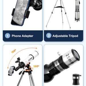 Telescopes for Adults Astronomy, 80mm Aperture 500mm AZ Mount Professional Refractor Telescope for Beginners with Phone Adapter, Portable Space Telescope with Carrying Bag