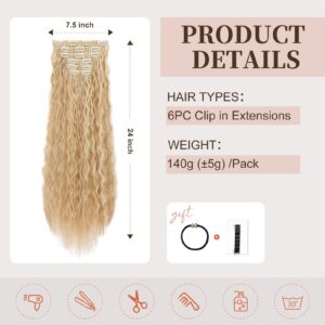 YOGFIT Clip in Long Wavy Synthetic Hair Extension 24 Inch 6PCS Balayage Blonde with Light Blonde Tips Thick Hairpieces Natural Soft Synthetic Fiber Double Weft for Women