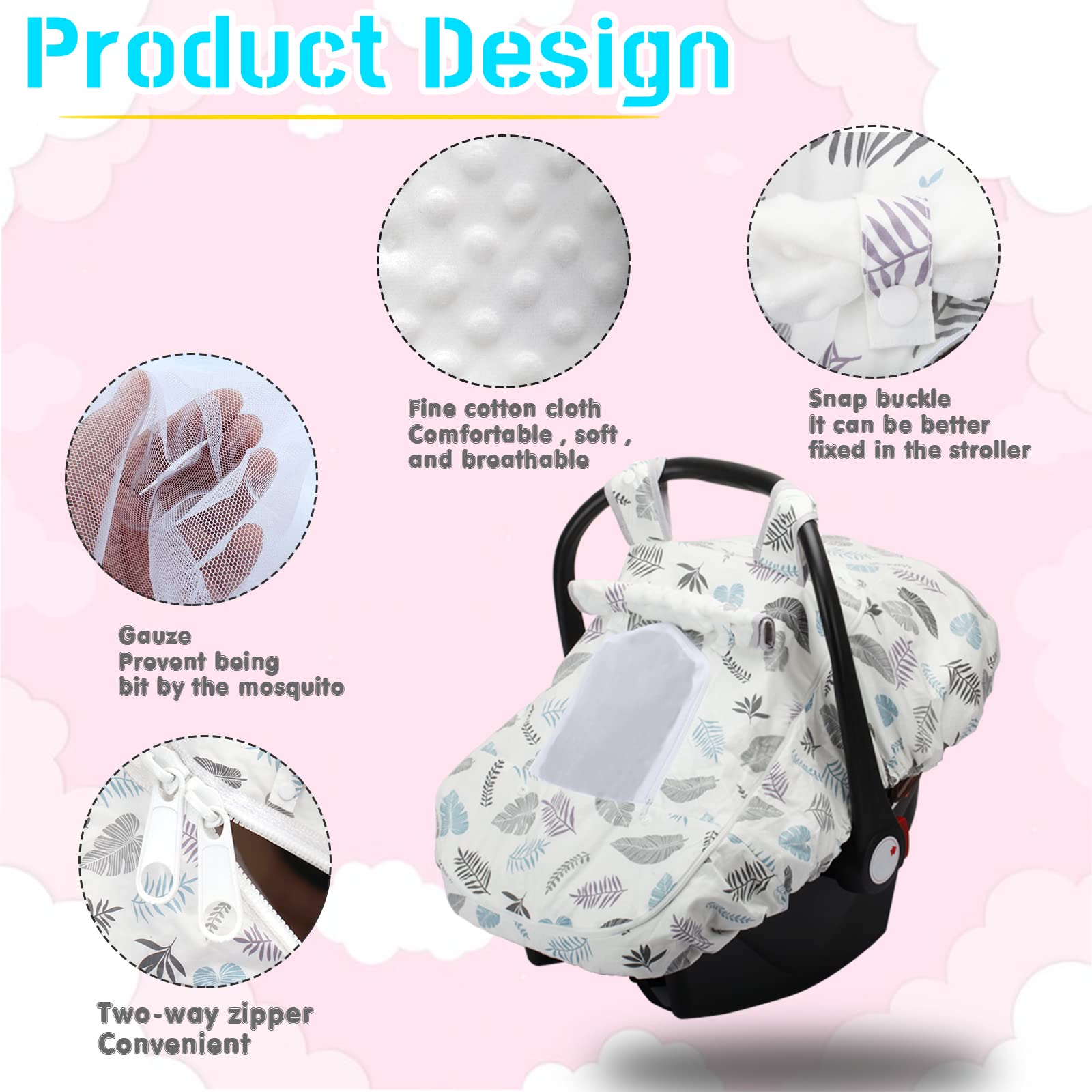 Baby Car Seat Canopy, Breathable Car Seat Covers for Boys Girls with 3D Minky, Thick Infant Car Canopy for Spring Summer Autumn Winter, Kick-Proof Universal Fit, Snug Warm (Leaf)