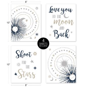 Sweet Jojo Designs Star and Moon Wall Art Prints Room Decor for Baby, Nursery, and Kids - Set of 4 - Navy Blue, Gold, and Grey Celestial Sky