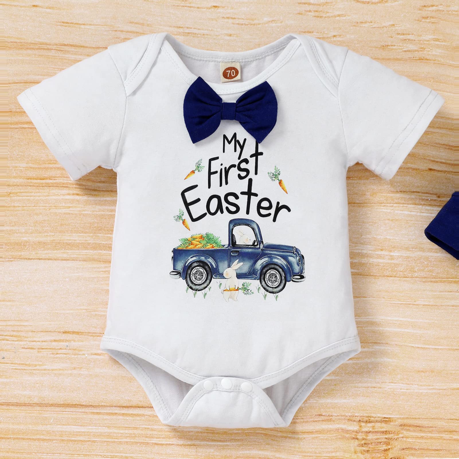 GRNSHTS Baby Boy My First Easter Pants Set Newborn Boys Short Sleeve Romper + Rabbit Long Pants 3PCs Easter Clothes(Blue,3-6M)