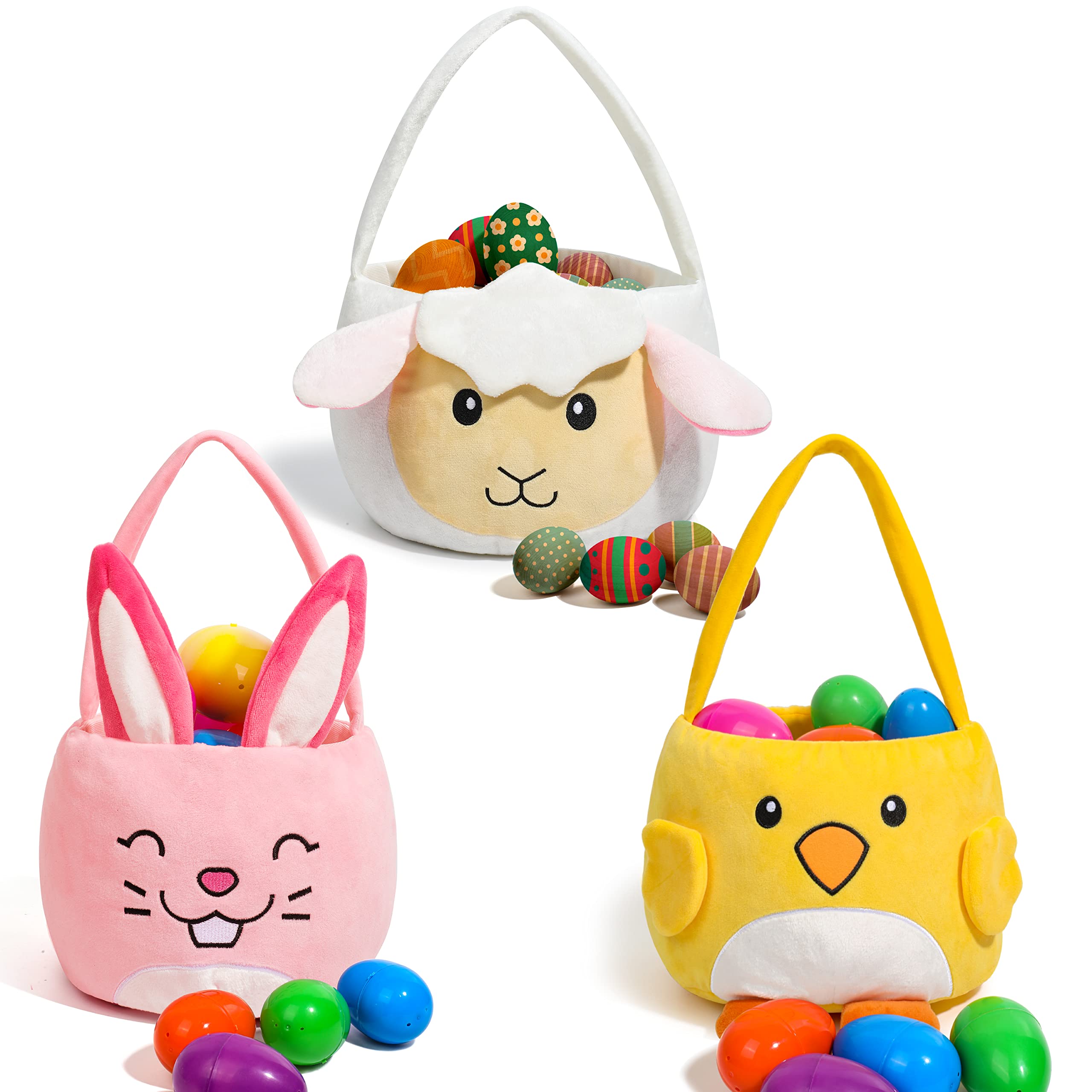 JOYIN 3 Plush Easter Baskets 12.8"x8.7" Cute Bunny & Chicken & Sheep Basket with Handles for Baby Kids Easter Egg Hunting, Party Supplies, Decorations, Gifts