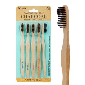 swissco bamboo charcoal toothbrushes teeth whitening medium toothbrush for adults | biodegradable toothbrush | eco friendly wooden toothbrushes | 5-pack